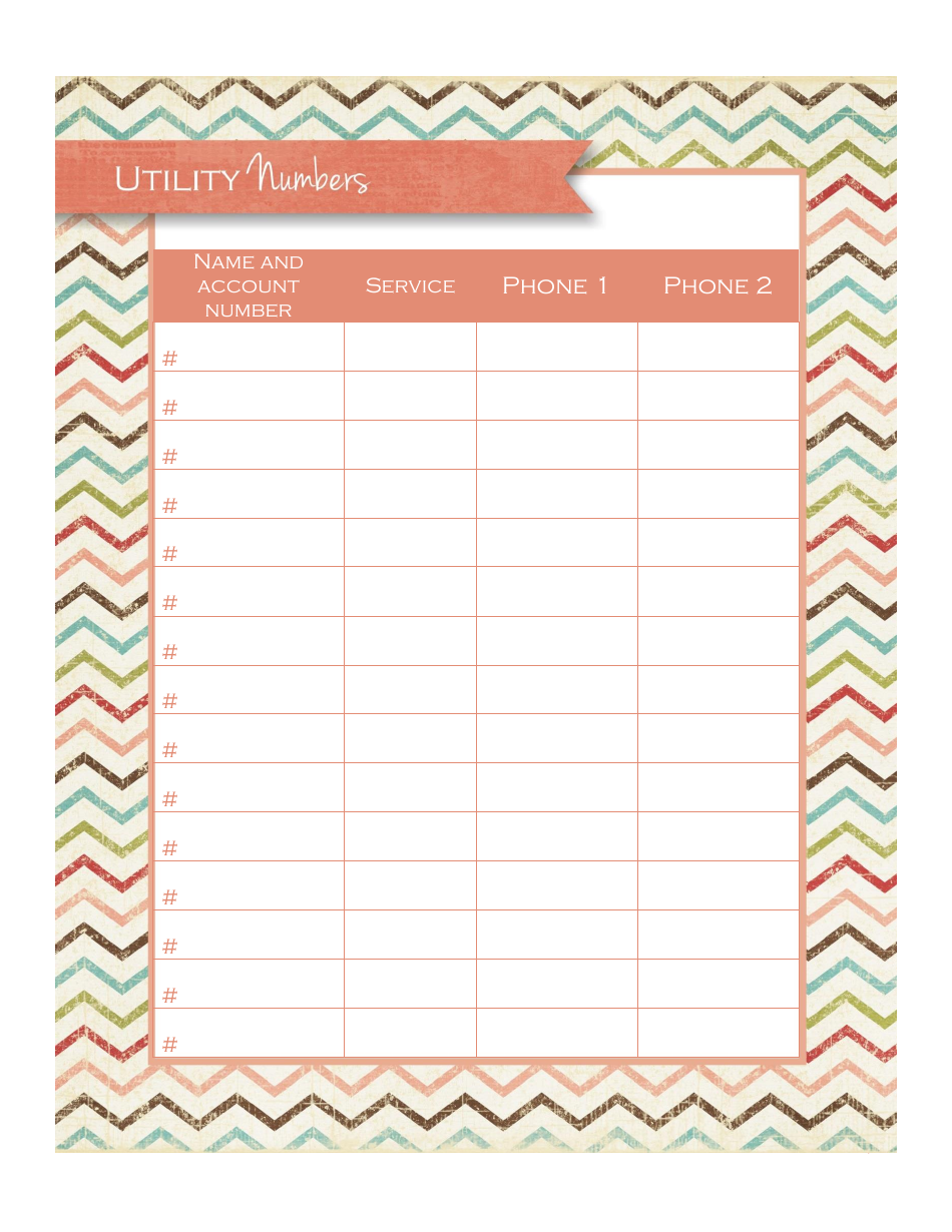 Blank Utility Numbers Tracking Sheet Template Download Printable PDF ...