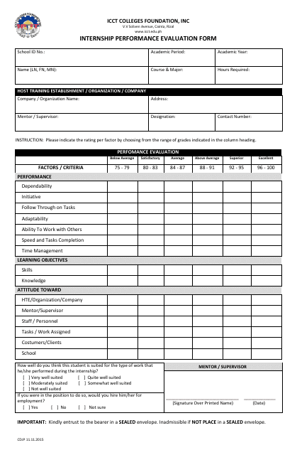 Rizal Philippines Internship Performance Evaluation Form Icct Colleges Foundation Download 