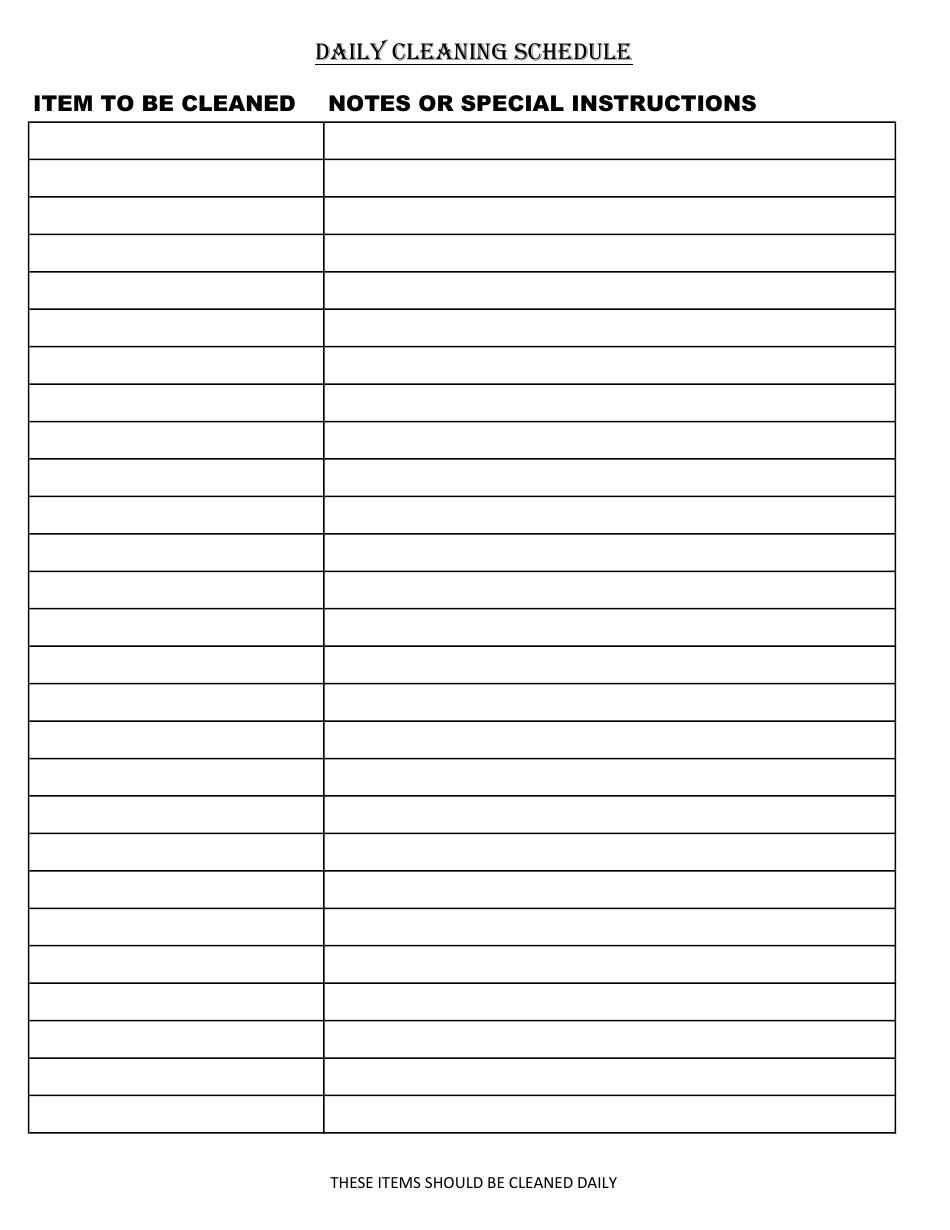 Daily Cleaning Schedule - Table Download Printable PDF | Templateroller