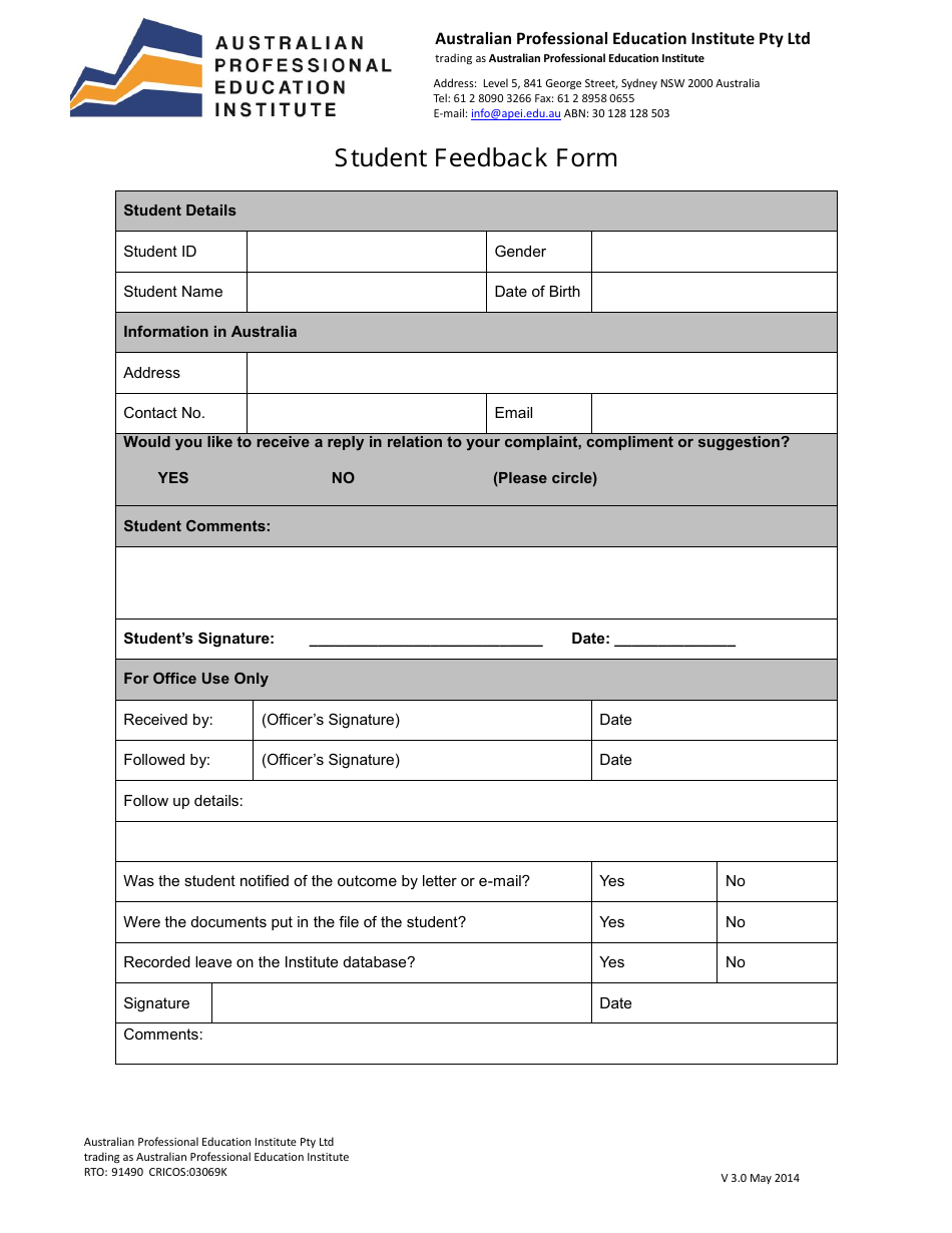 Australia Student Feedback Form - Australian Professional Education ...