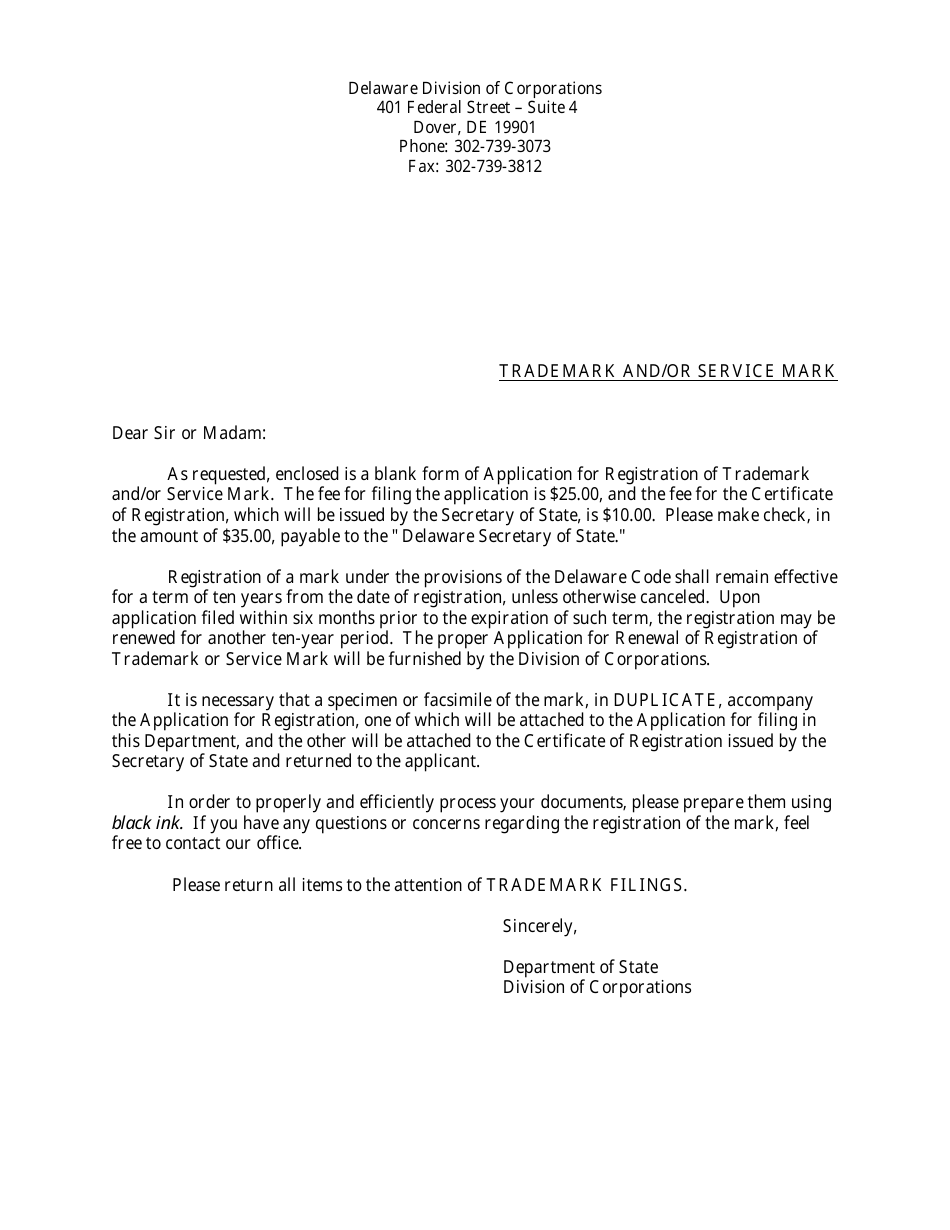 Delaware Application for Registration of Trademark or Service Mark ...