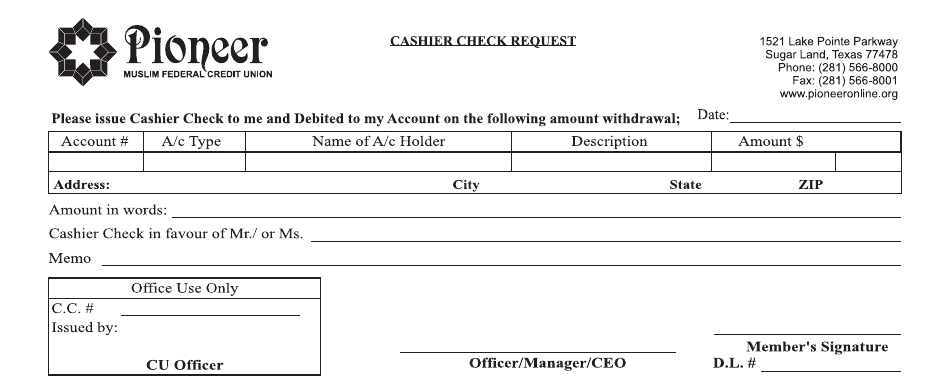 Cashier Check Request Form - Pioneer Muslim Federal Credit Union - Fill ...