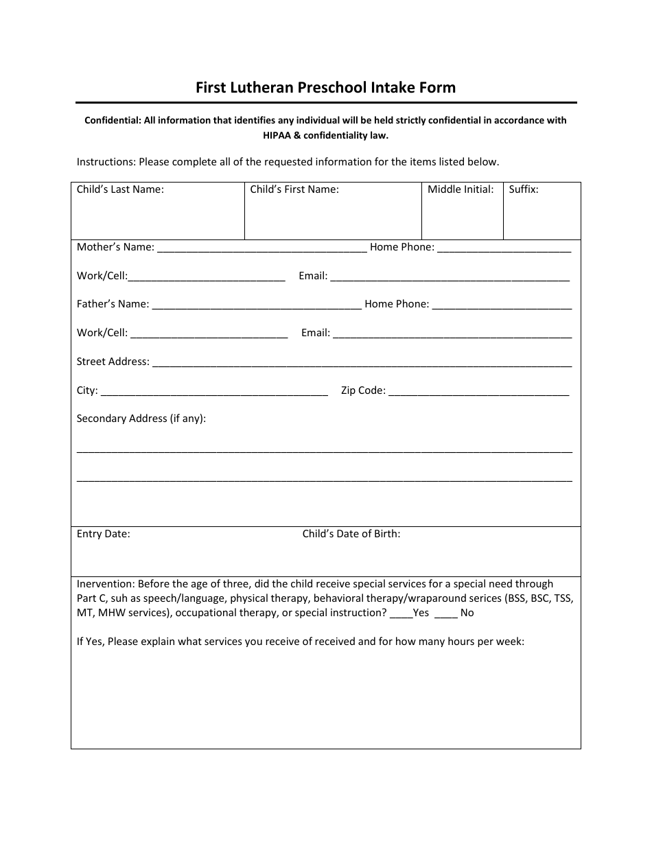 Preschool Intake Form - First Lutheran School - Fill Out, Sign Online ...