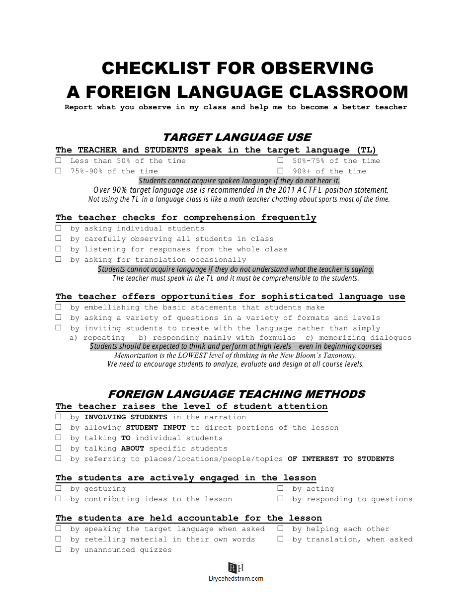 Checklist for Observing a Foreign Language Classroom Download Printable ...