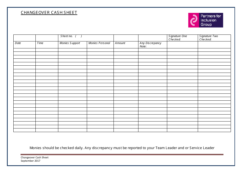 Changeover Cash Sheet Template - Fill Out, Sign Online and Download PDF ...
