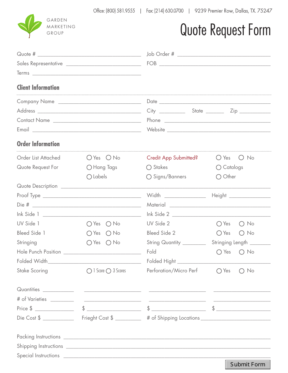 Quote Request Form - Garden Marketing Group - Fill Out, Sign Online and ...