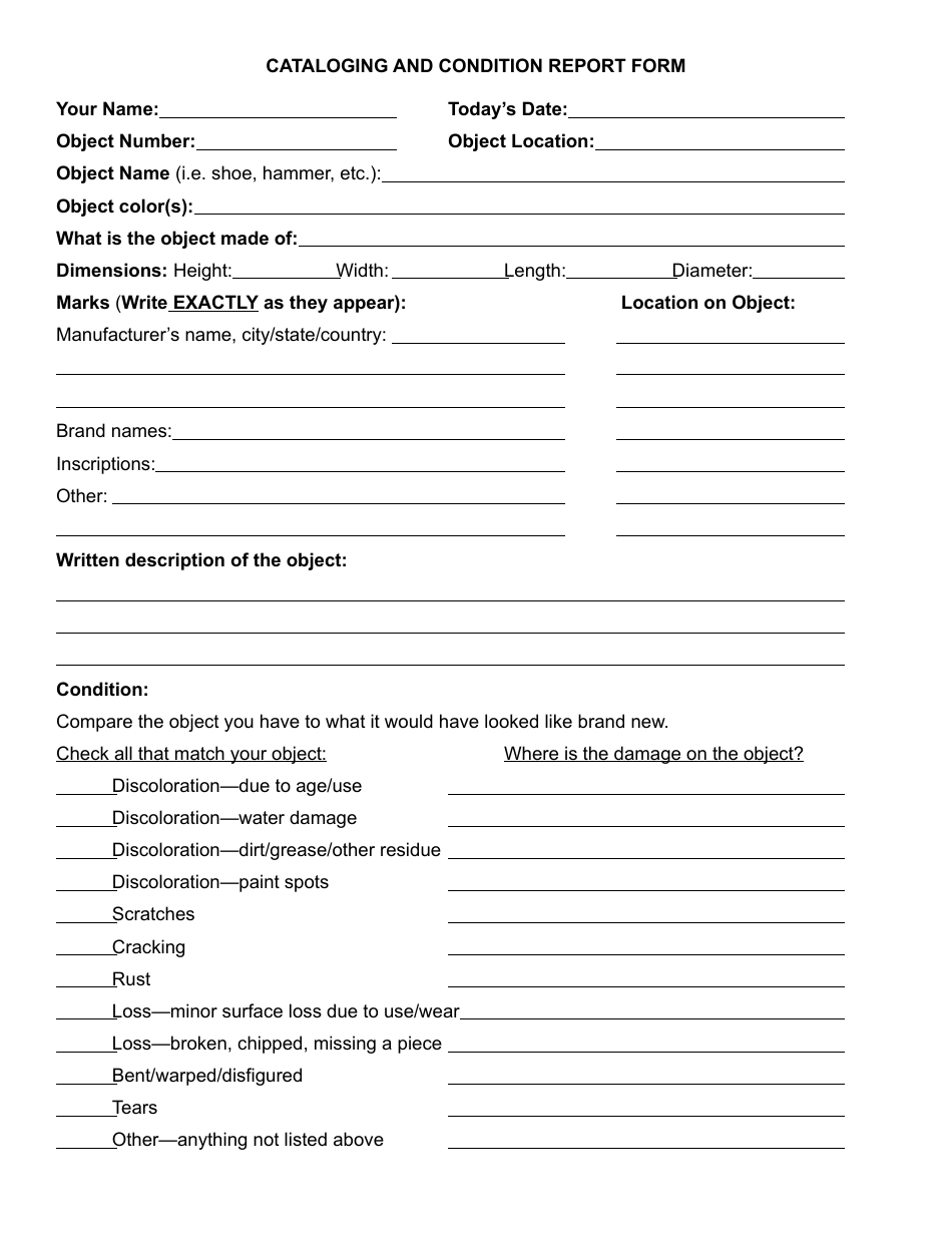 Cataloging and Condition Report Form - Fill Out, Sign Online and ...