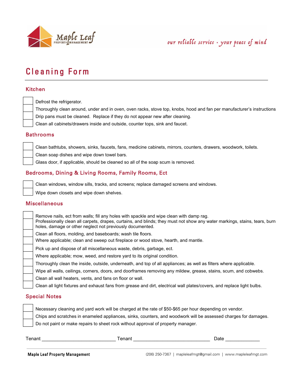 Cleaning Form - Maple Leaf - Fill Out, Sign Online and Download PDF ...