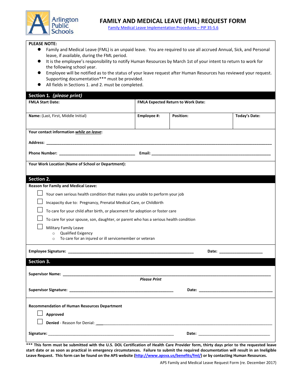 Family and Medical Leave (Fml) Request Form - Arlington Public Schools ...