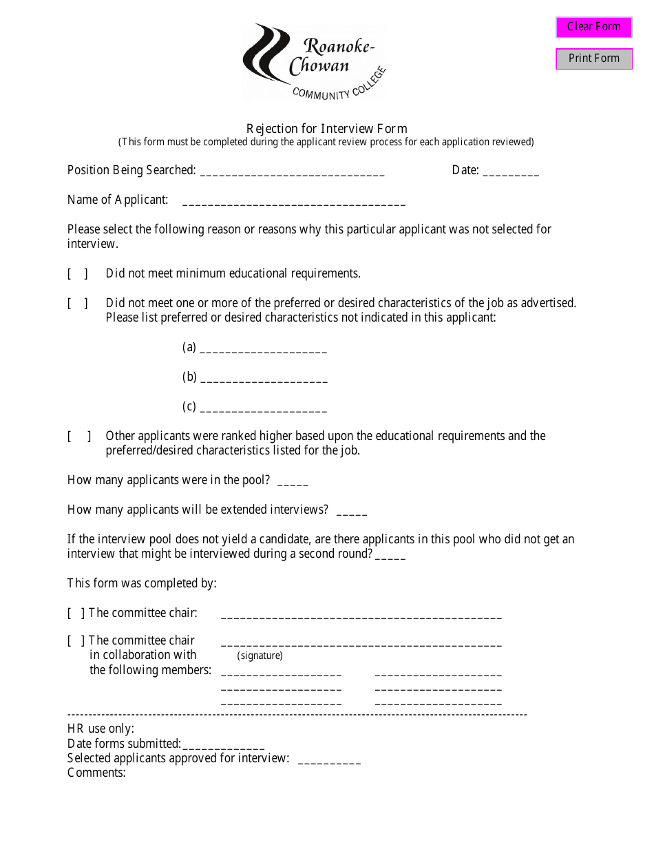 Rejection for Interview Form - Roanoke-Chowan Community College - Fill ...