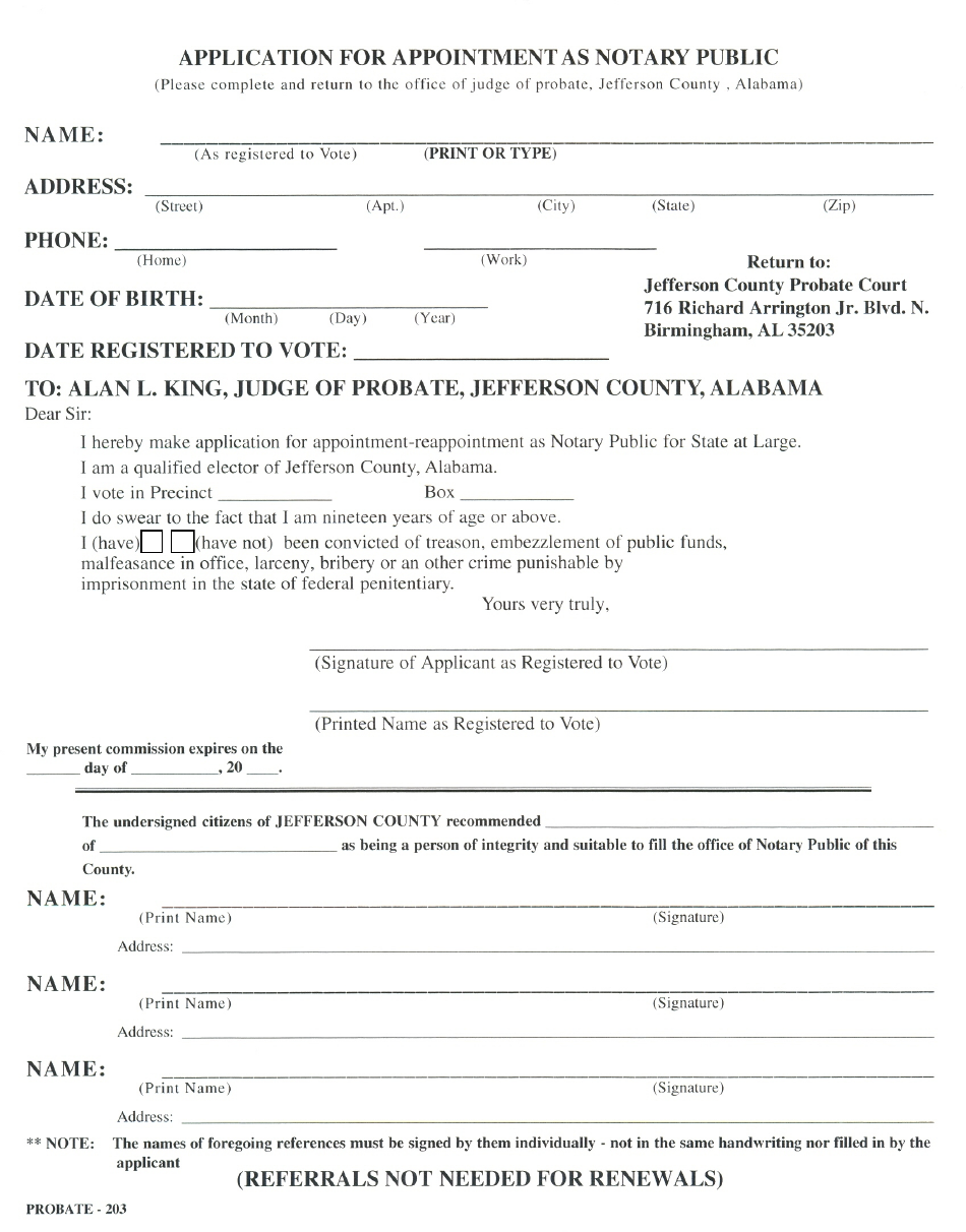 Jefferson county, Alabama Application Form for Appointment as Notary ...