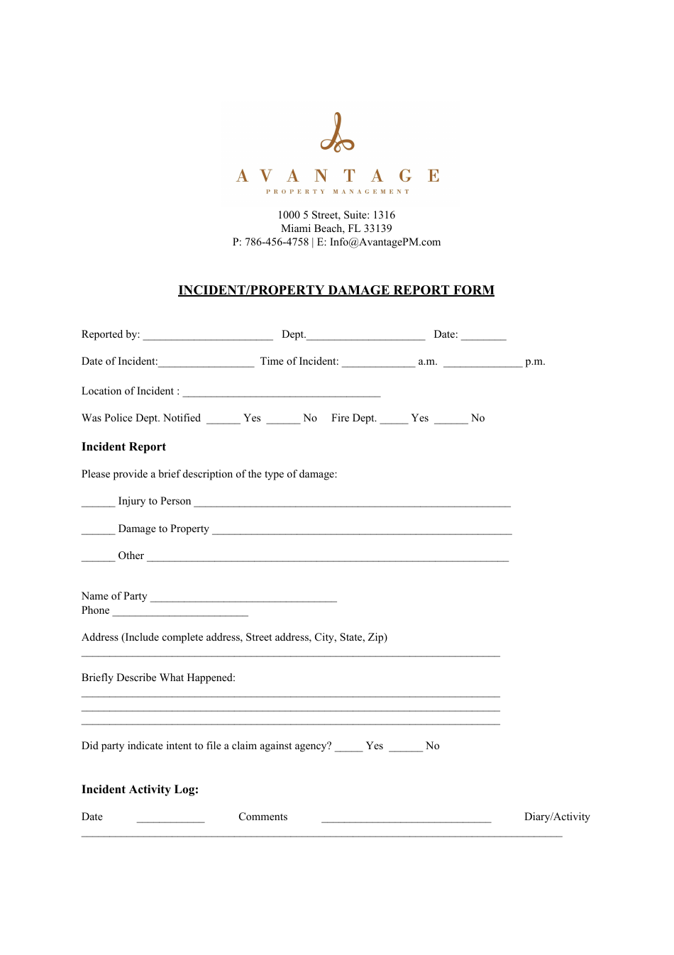 Incident/Property Damage Report Form - Avantage Property Management ...