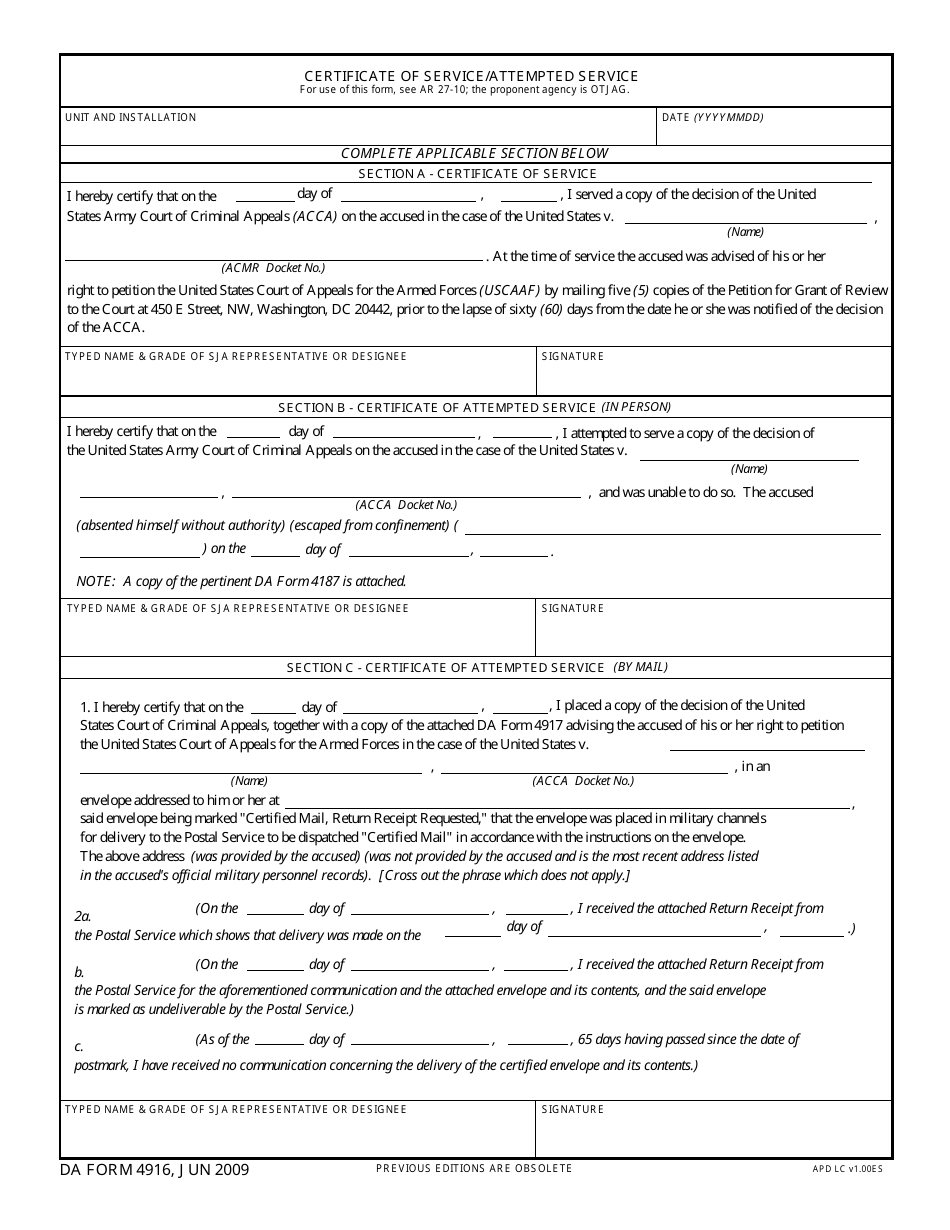 DA Form 4916 - Fill Out, Sign Online and Download Fillable PDF ...