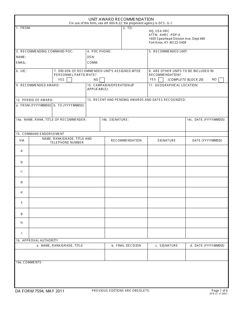 DA Form 7594 - Fill Out, Sign Online and Download Fillable PDF ...