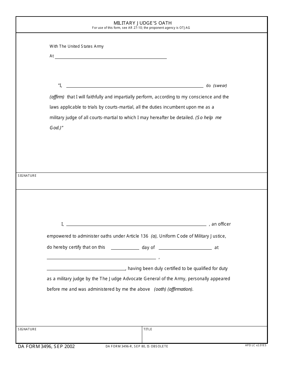 DA Form 3496 - Fill Out, Sign Online and Download Fillable PDF ...