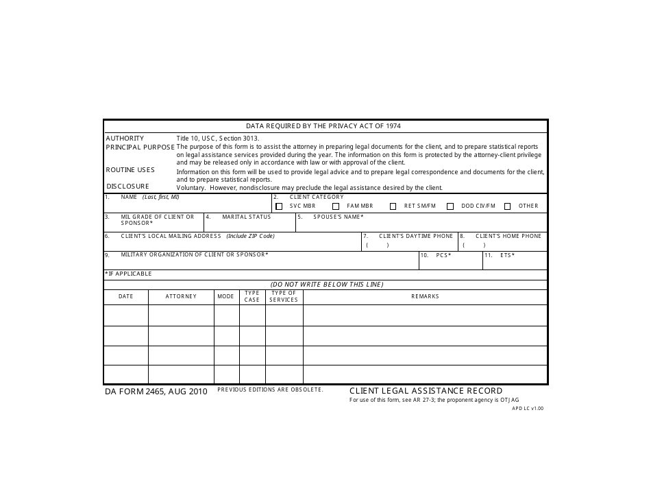 DA Form 2465 - Fill Out, Sign Online and Download Fillable PDF ...