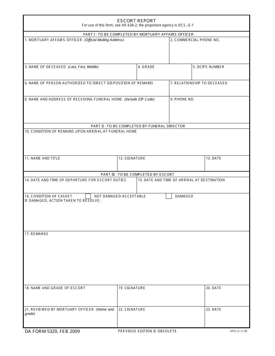 DA Form 5329 Download Fillable PDF Or Fill Online Escort Report