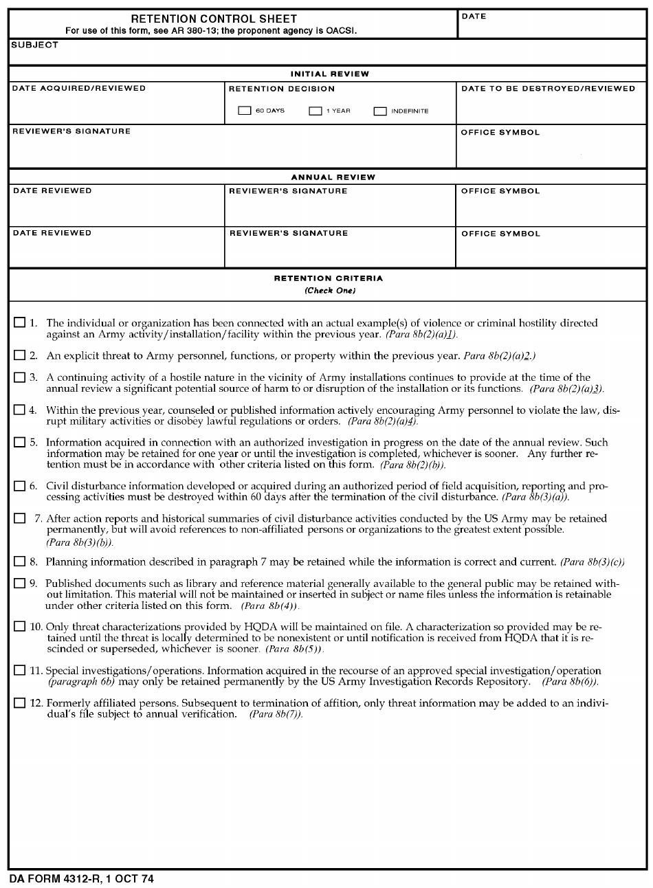 DA Form 4312-R - Fill Out, Sign Online and Download Printable PDF ...