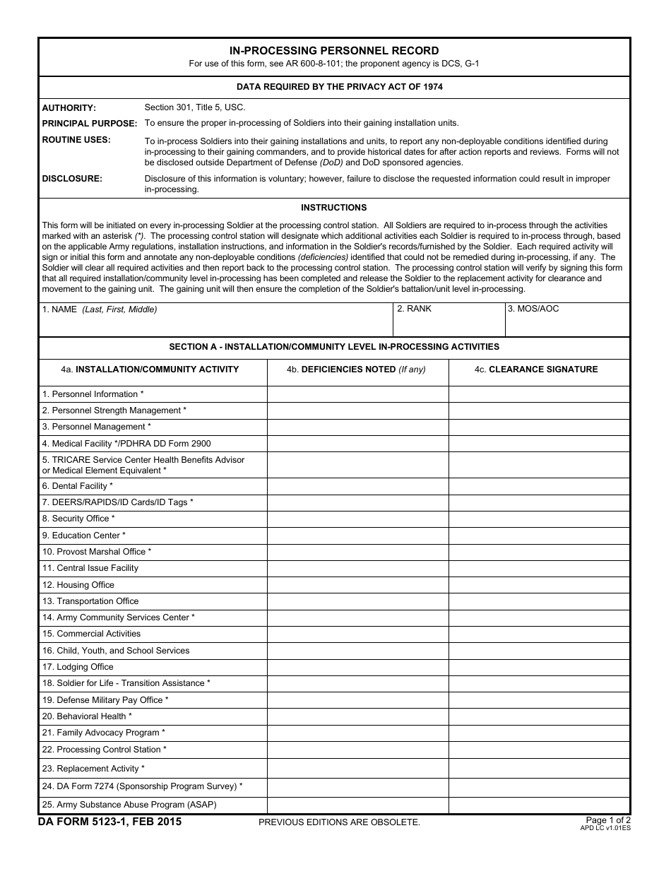 DA Form 5123-1 - Fill Out, Sign Online and Download Fillable PDF ...