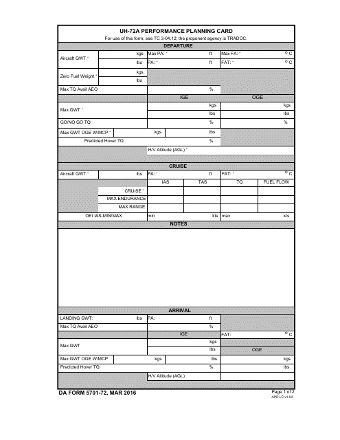 DA Form 5701-72 Download Fillable PDF, Uh-72a Performance Planning Card ...