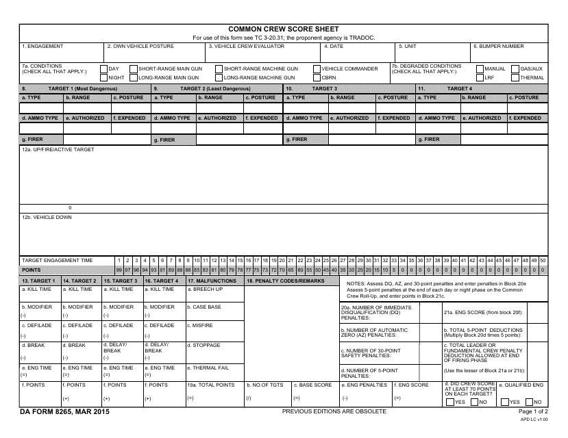 DA Form 8265 Download Fillable PDF, Common Crew Score Sheet ...