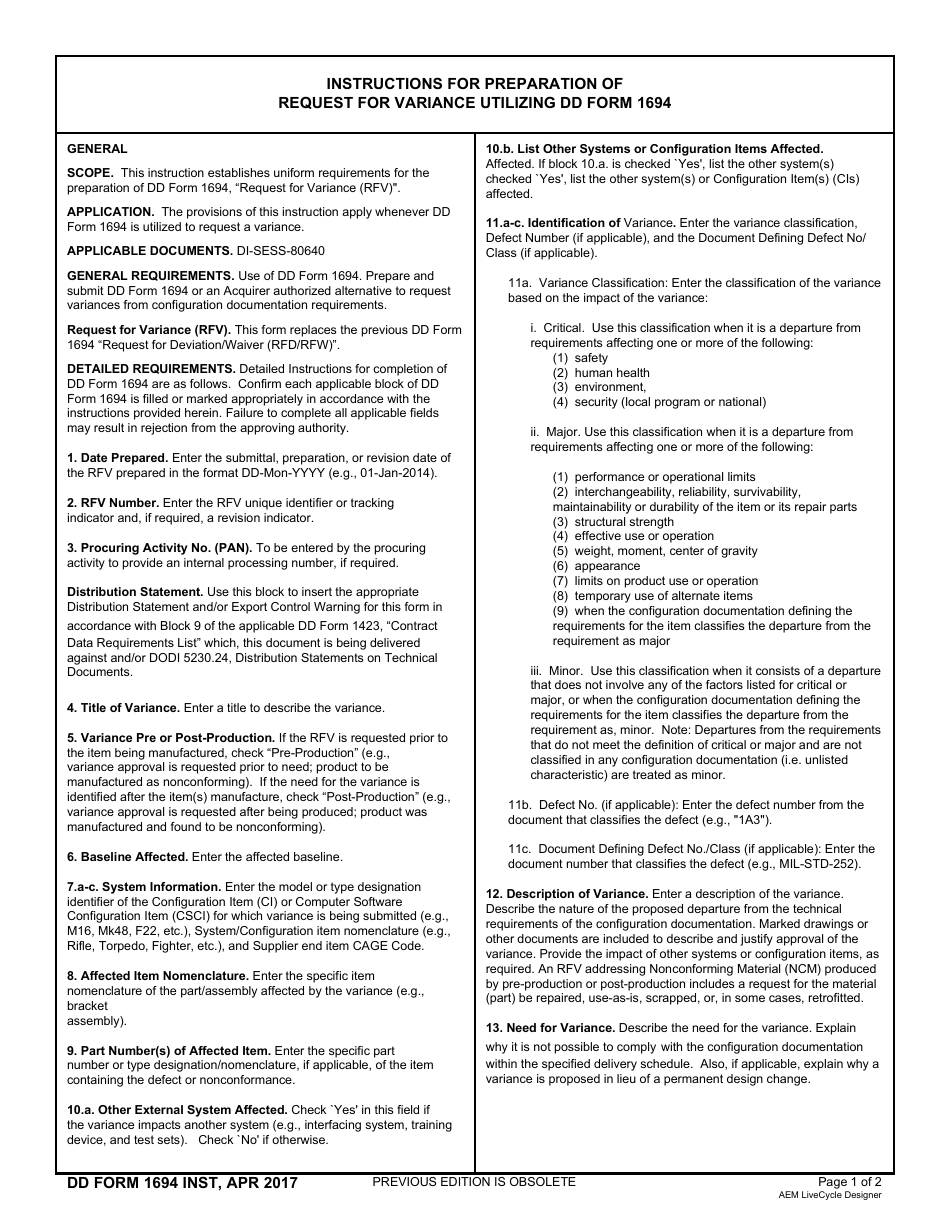 Download Instructions for DD Form 1694 Request for Variance PDF ...