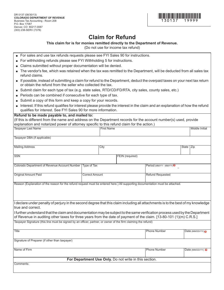 Form DR0137 - Fill Out, Sign Online and Download Fillable PDF, Colorado ...