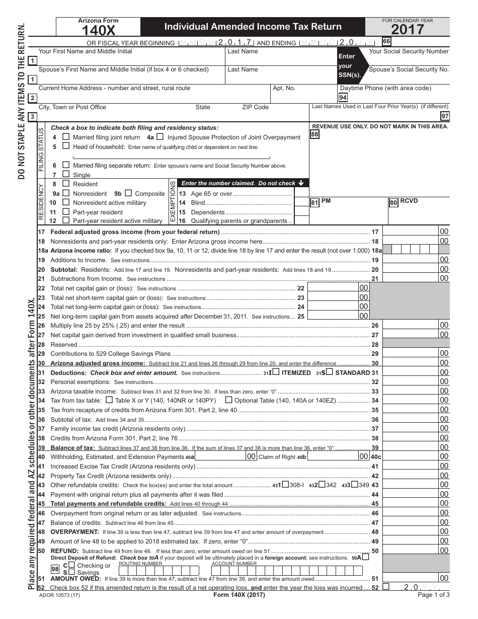 Arizona Form 140X (ADOR10573) - 2017 - Fill Out, Sign Online and ...