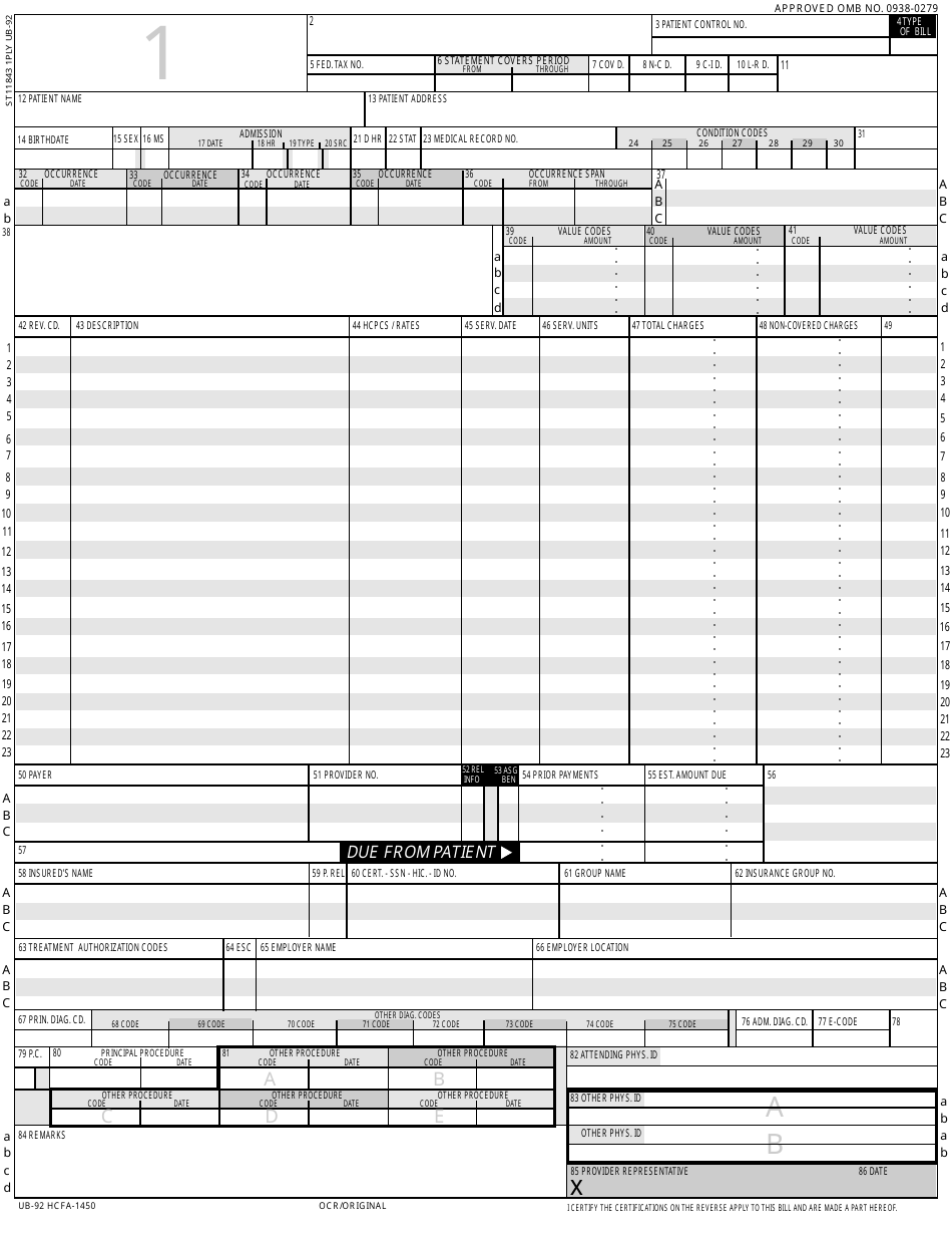 Form UB-92 (HCFA-1450) - Fill Out, Sign Online and Download Printable ...