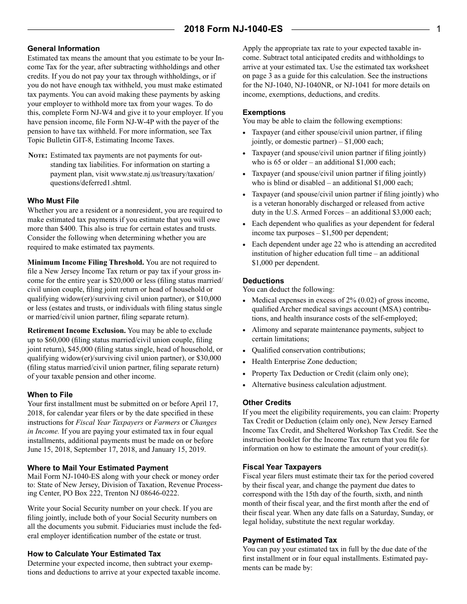 Download Instructions for Form NJ-1040-ES New Jersey Gross Income Tax ...