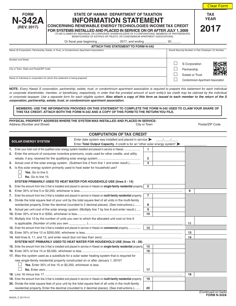 Form N-342A - 2017 - Fill Out, Sign Online and Download Fillable PDF ...