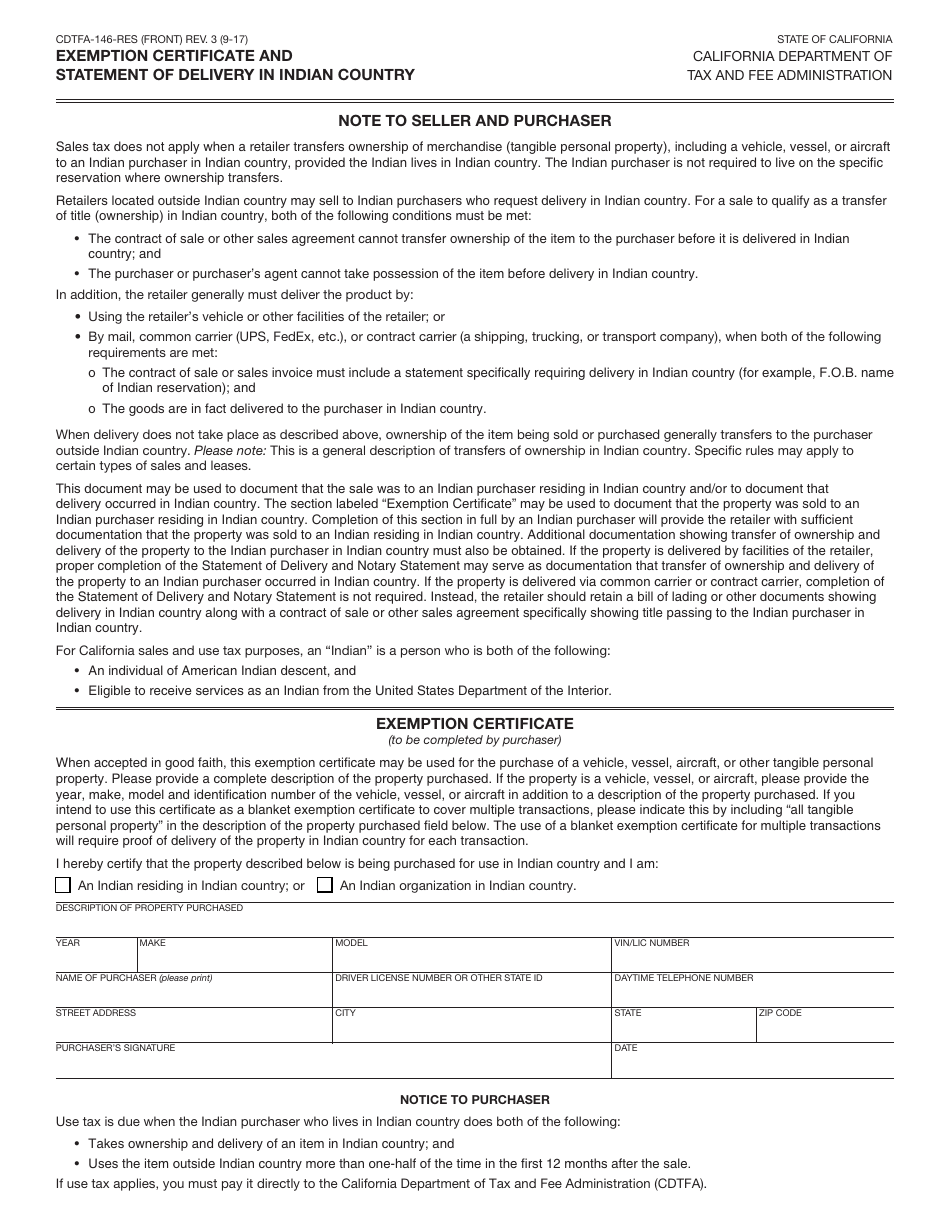 Form CDTFA-146-RES - Fill Out, Sign Online and Download Fillable PDF ...