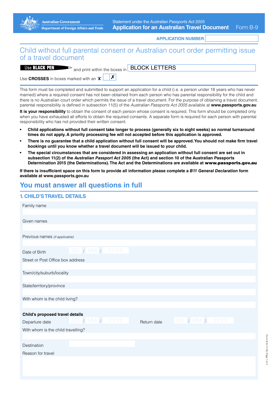 Form B-9 Download Fillable PDF or Fill Online Application for an Australian Travel Document Australia | Templateroller