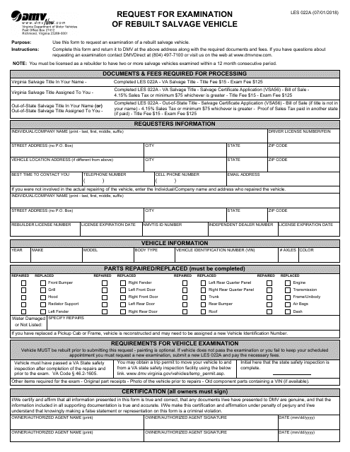 Form LES 022A Download Fillable PDF, Request for Examination of Rebuilt ...