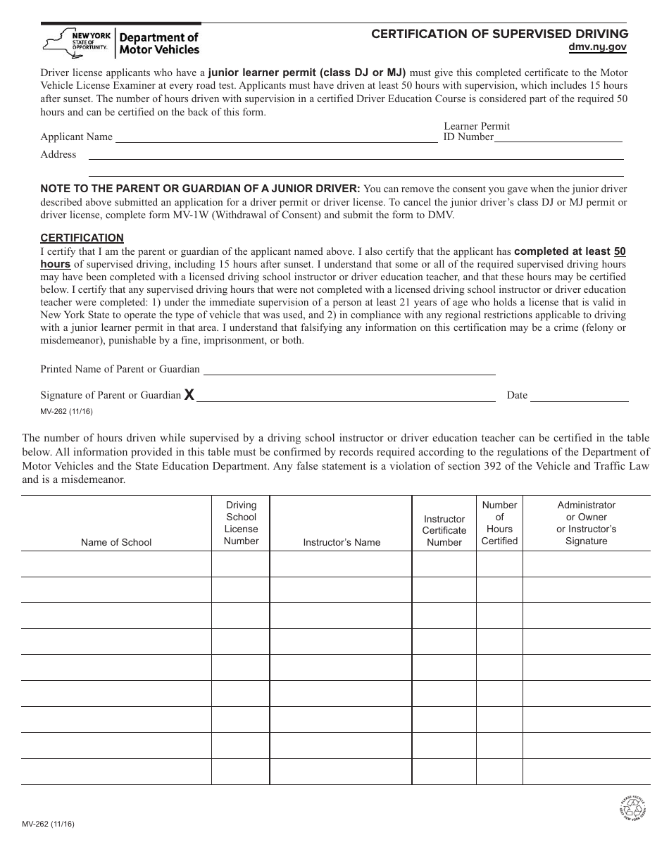 Form MV-262 - Fill Out, Sign Online and Download Fillable PDF, New York ...