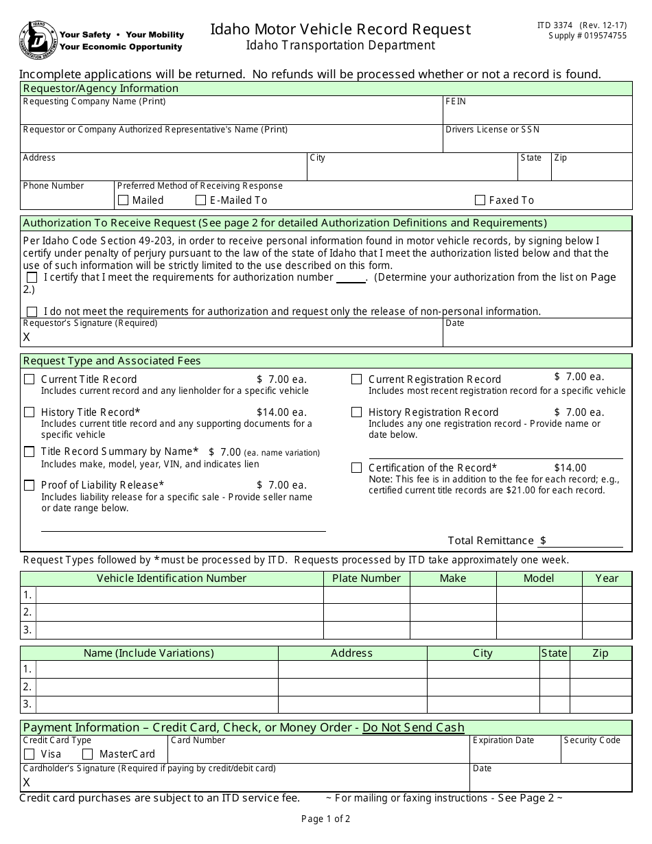 Form ITD3374 - Fill Out, Sign Online and Download Fillable PDF, Idaho ...
