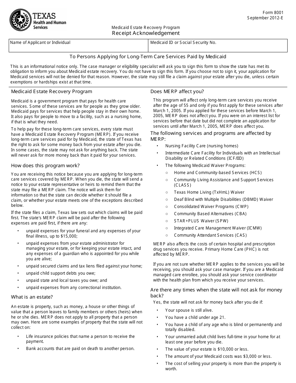 Form 8001 - Fill Out, Sign Online and Download Fillable PDF, Texas ...