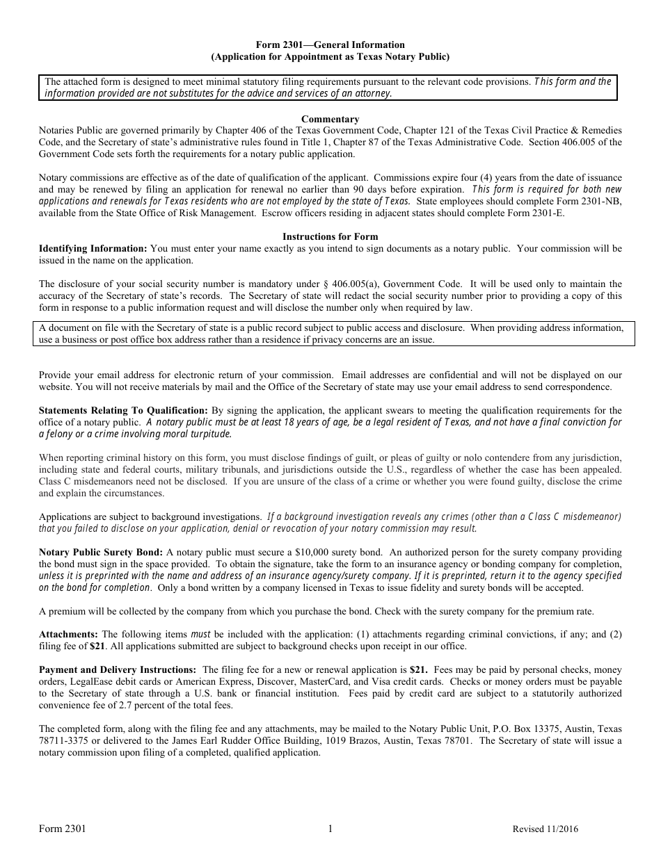 Form 2301 - Fill Out, Sign Online and Download Fillable PDF, Texas ...