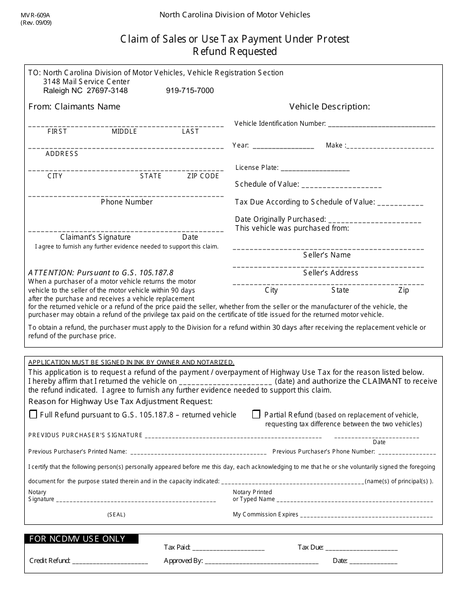Form MVR-609A - Fill Out, Sign Online and Download Fillable PDF, North ...