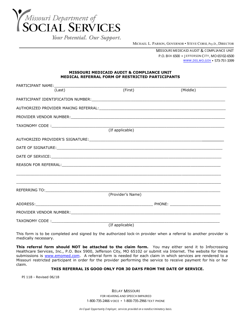 Form PI118 - Fill Out, Sign Online and Download Printable PDF, Missouri ...