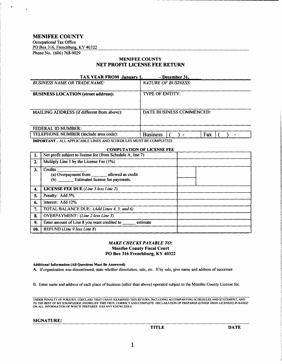 Menifee county, Kentucky Net Profit License Fee Return Form - Fill Out ...
