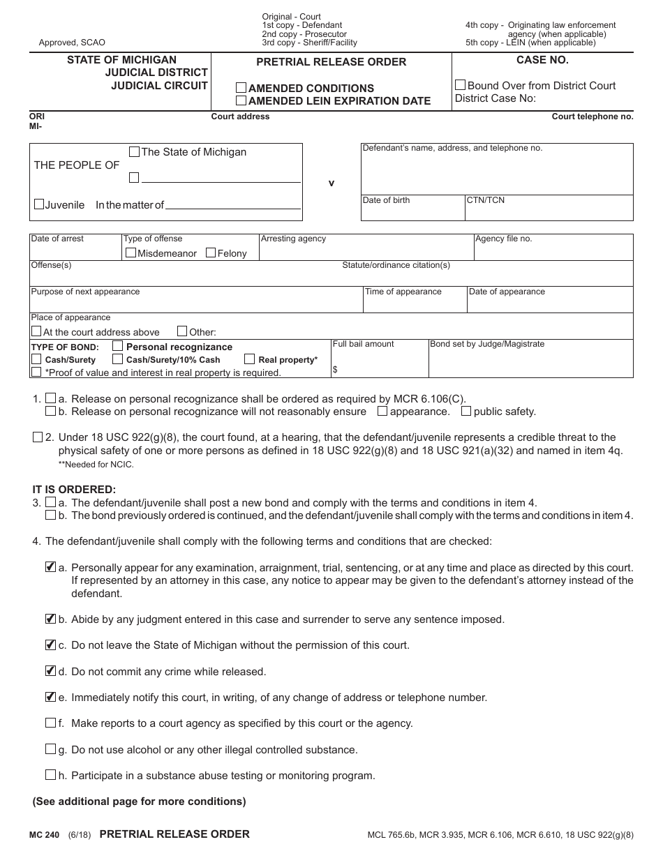 Form MC240 - Fill Out, Sign Online and Download Fillable PDF, Michigan ...
