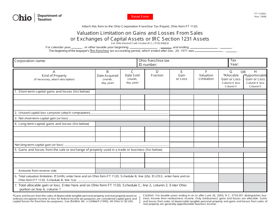 Form FT1120VL - Fill Out, Sign Online and Download Fillable PDF, Ohio ...