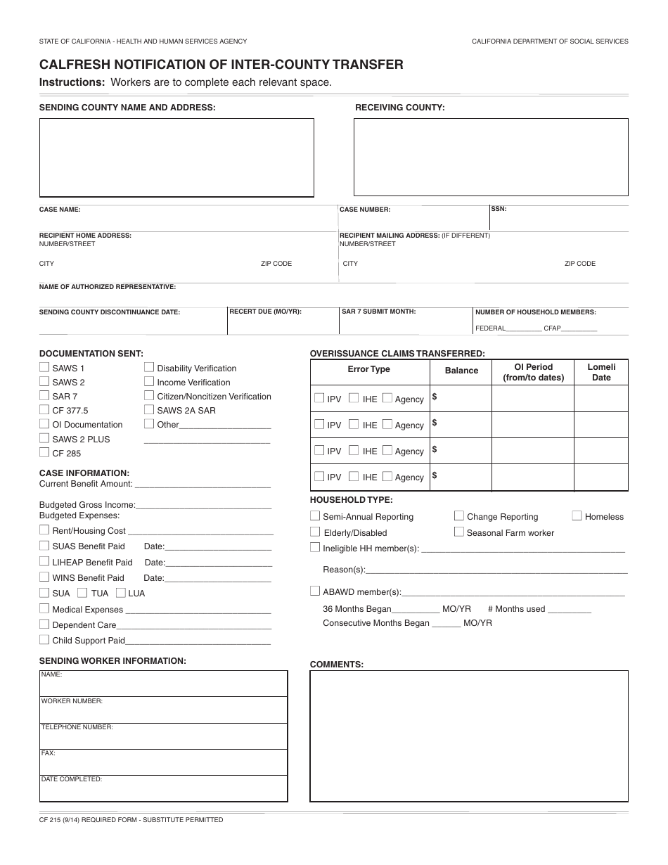 Form CF215 - Fill Out, Sign Online and Download Fillable PDF ...