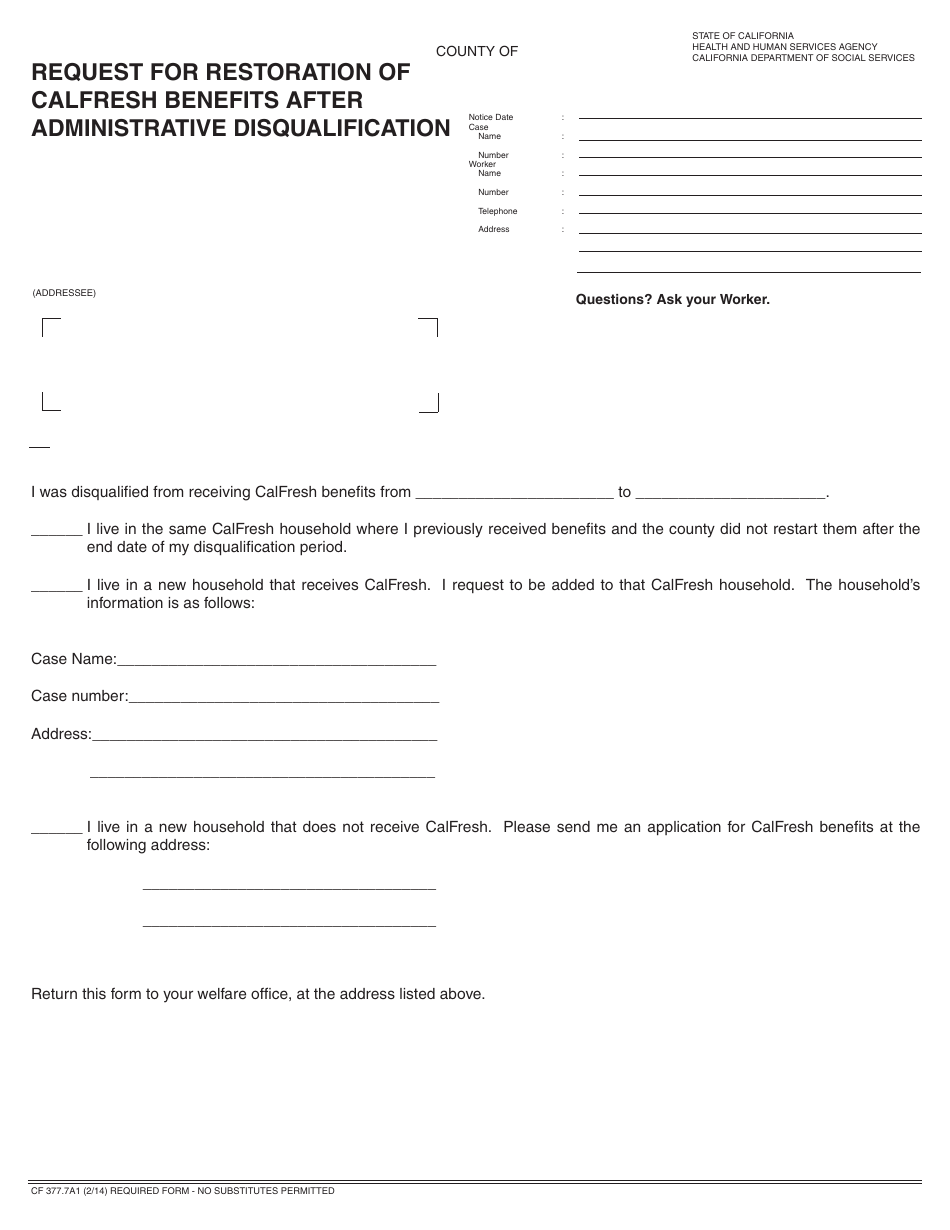 Form CF377.7A1 - Fill Out, Sign Online and Download Fillable PDF ...