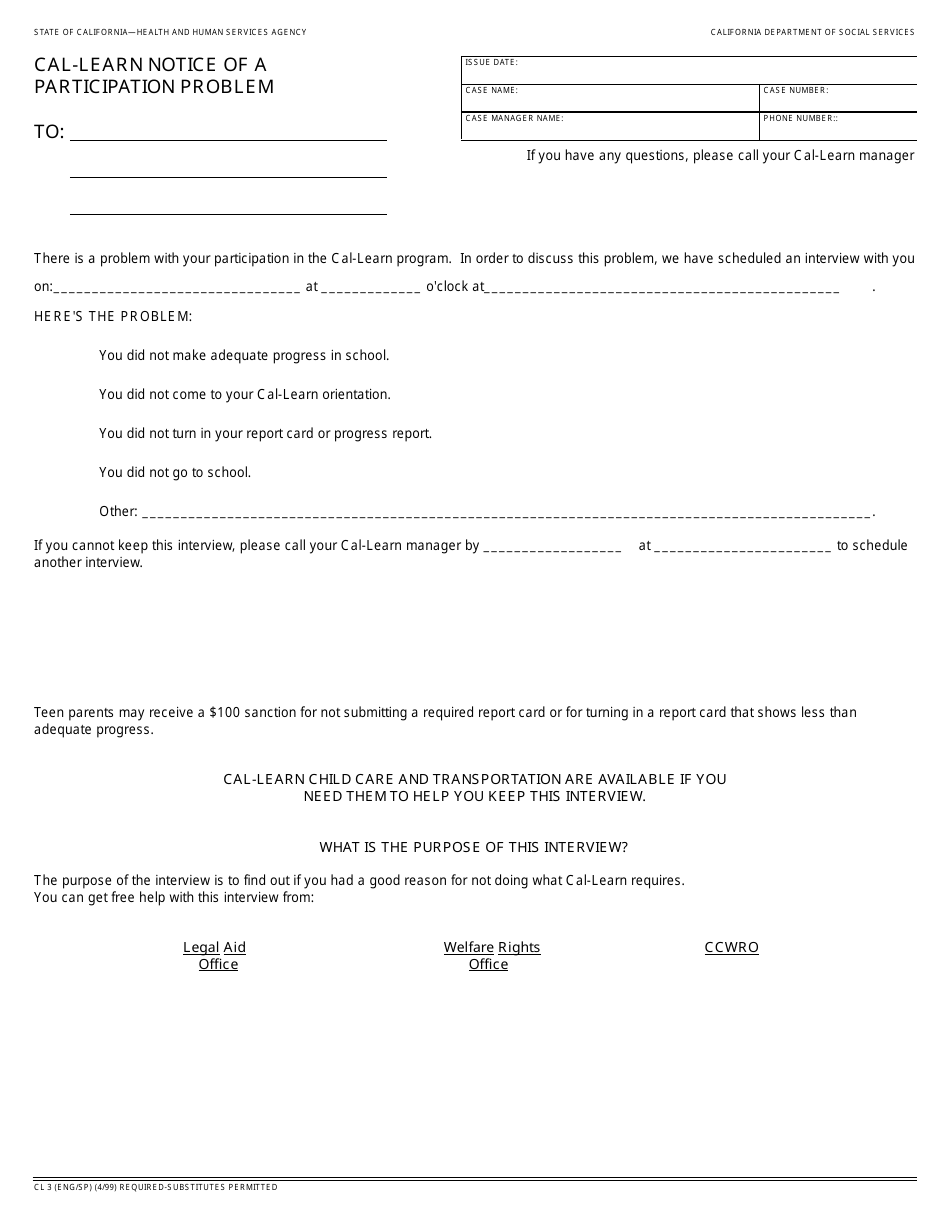 Form CL3 - Fill Out, Sign Online and Download Fillable PDF, California ...