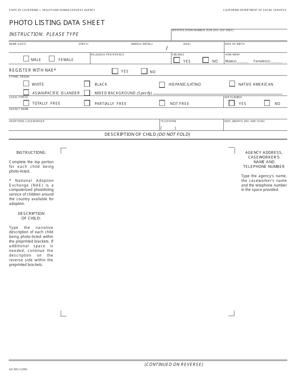 Form AD909 - Fill Out, Sign Online and Download Fillable PDF ...