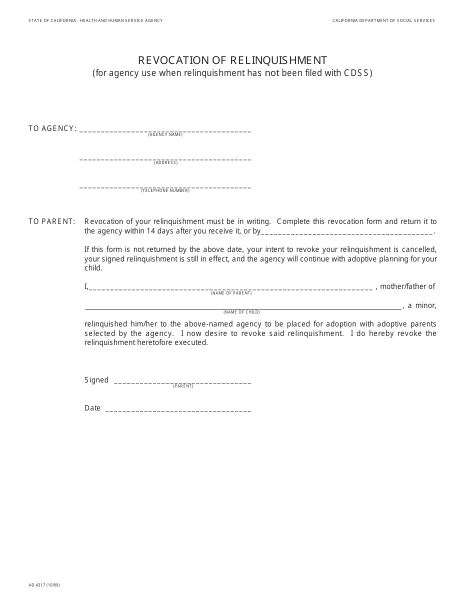 Form AD4317 Download Fillable PDF or Fill Online Revocation of ...
