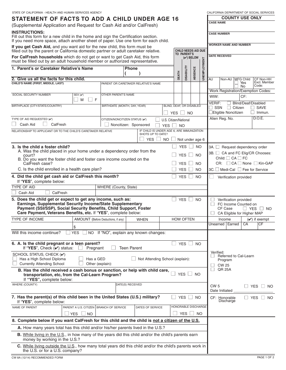 Form CW8A - Fill Out, Sign Online and Download Fillable PDF, California ...