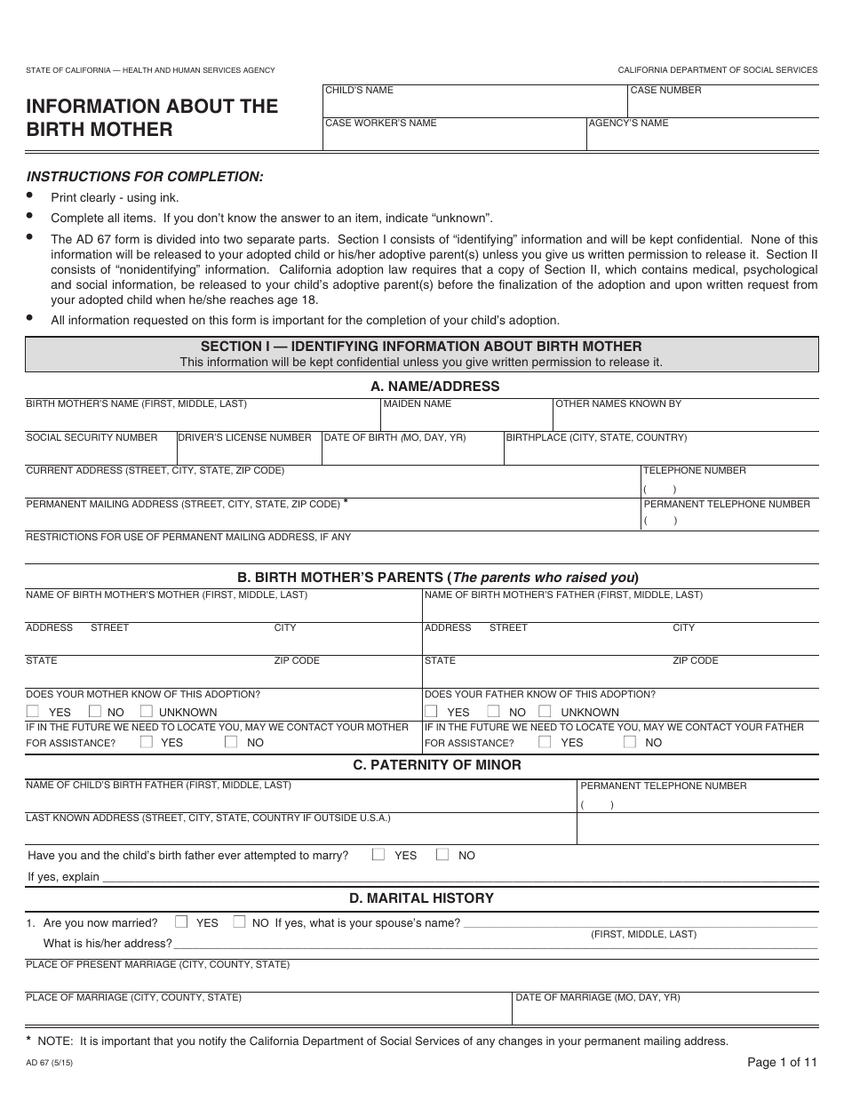 Form AD67 - Fill Out, Sign Online and Download Fillable PDF, California ...